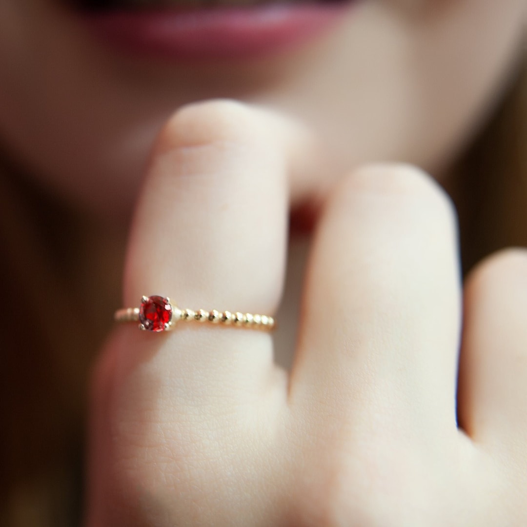 14K Solid Gold Round Cut Ruby Ring, Small Ball Ring, Beaded Ring, Gold Ruby Ring, Ruby Solitaire ...