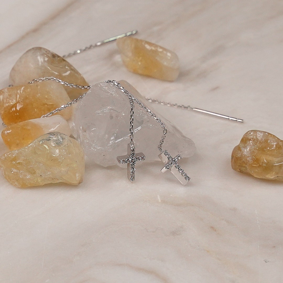 Cross Diamond Earring, Cross Threader Earrings, Long Chain Earrings ...