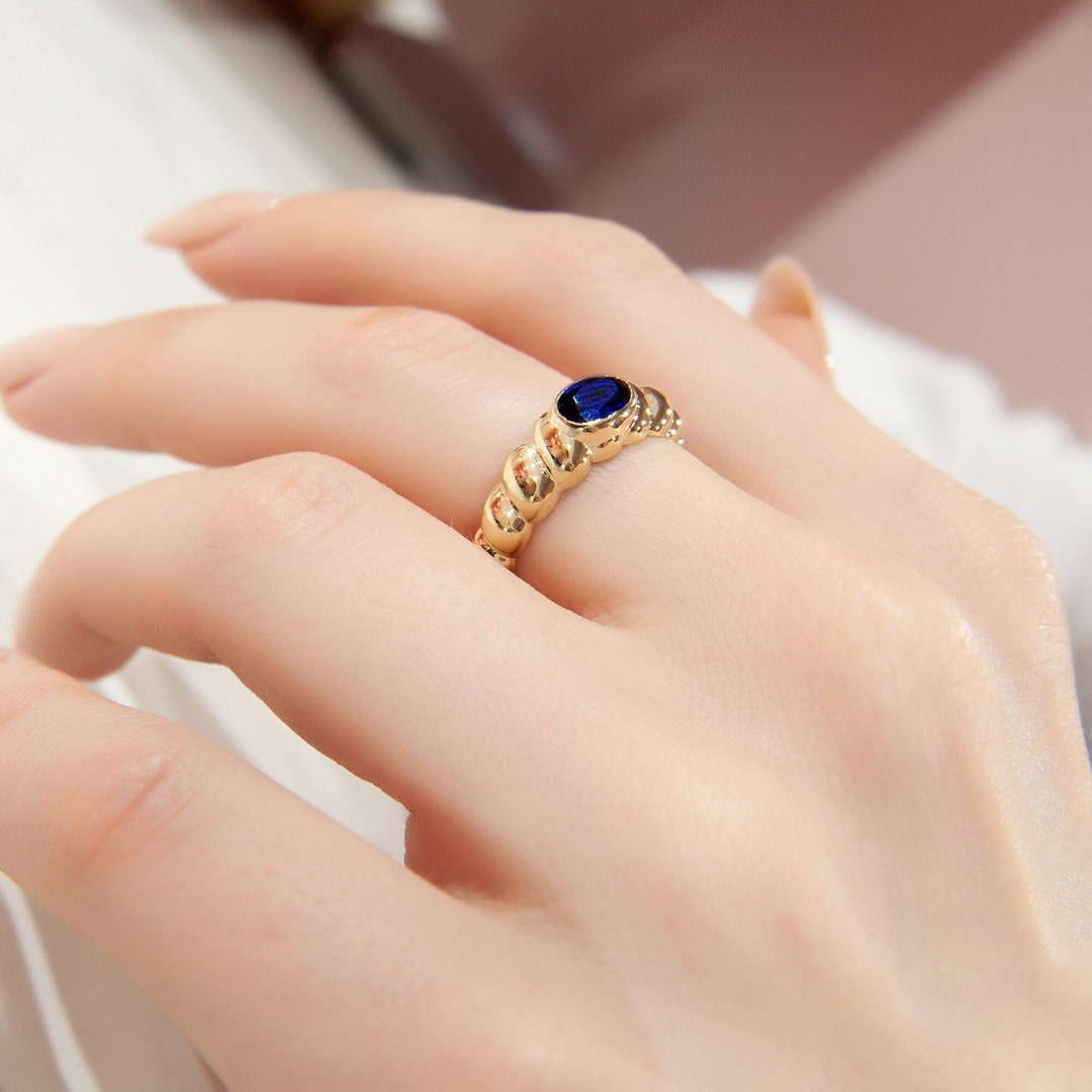 14K Solid Gold Ring With Blue Sapphire Stone, Braided Band Ring ...