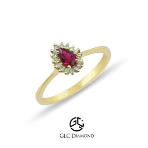 14K Solid Gold Diamond Pear Cut Ruby Solitaire Ring, Ruby Ring, Gemstone Ring, Ruby Engagement ...