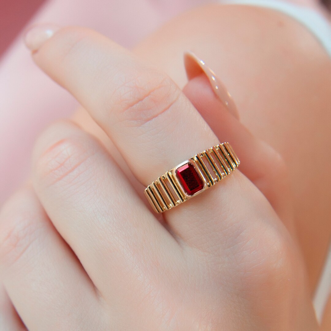 14K Gold Ruby Ring With Rectangular Ruby Gemstone and Unique Band ...