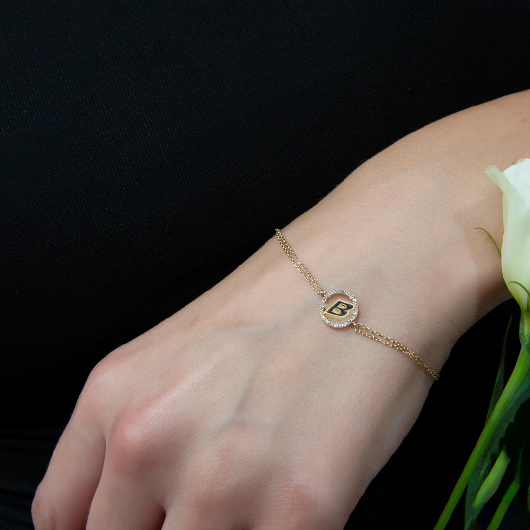 14K Gold Initial Bracelet, Diamond Letter B Bracelet, Dainty Double ...