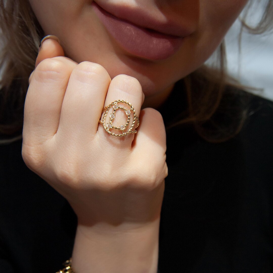 14K Gold Rope Design Letter D Ring, Personalized Triangle Gold Ring, Diamond Initial D Ring ...