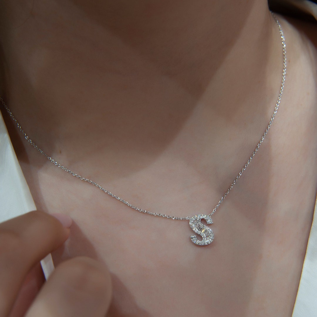 14K Gold Diamond Initial "s" Necklace, Personalized Letter Pendant - Etsy