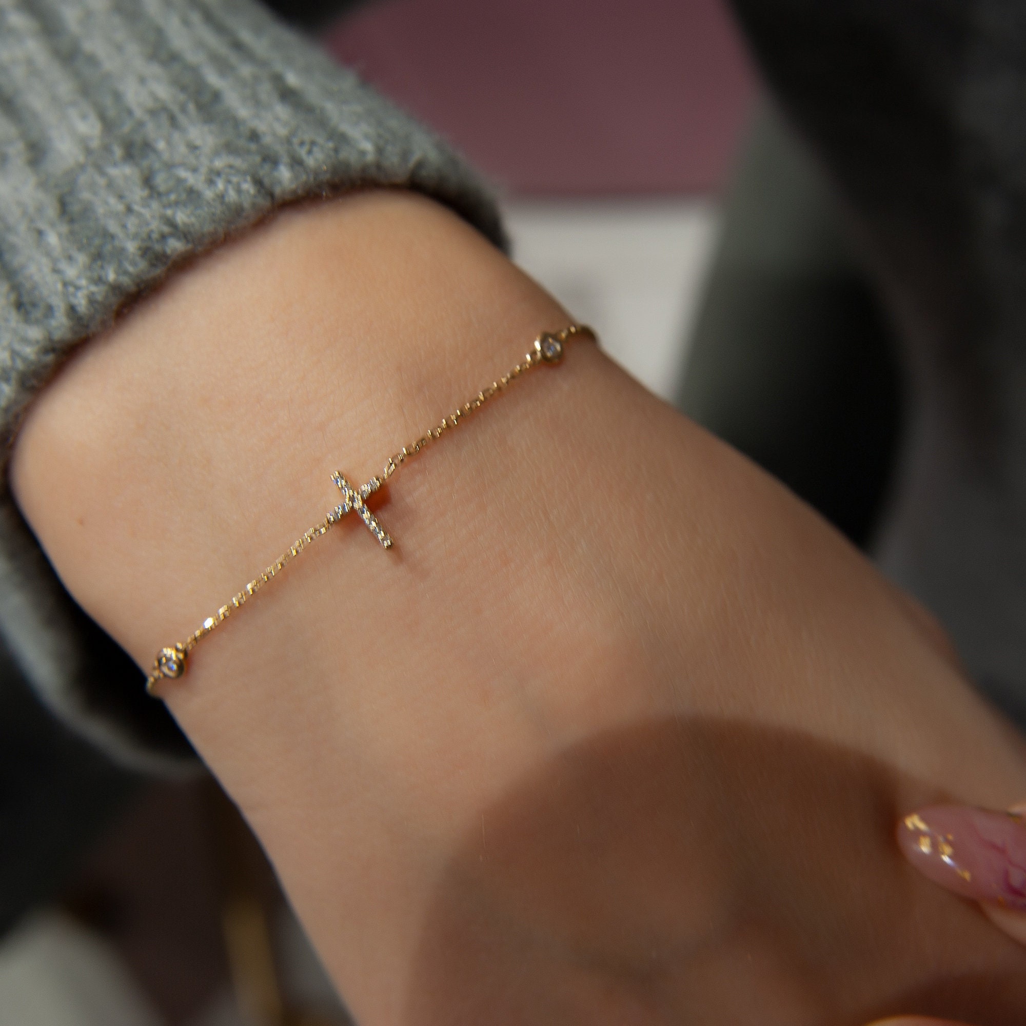 14K Solid Gold Diamond Cross Bracelet, Religious Charm 14K Solid Gold Diamond Cross Bracelet, Religious Charm