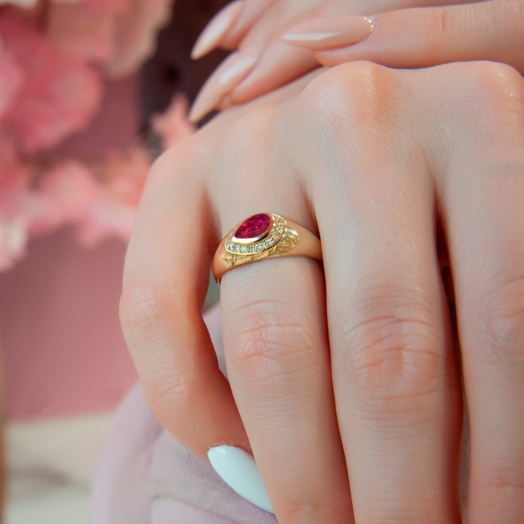 14K Gold Teardrop Ruby Ring With Diamond Halo, Statement Gold Band ...