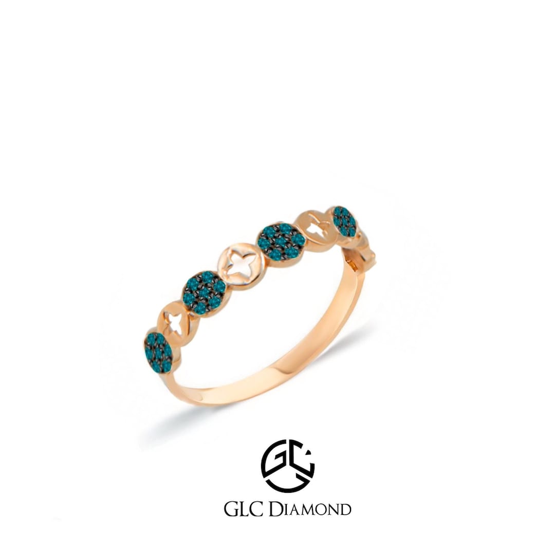 14K Gold Ring, Blue Diamond Ring, Circle and Star Links, Blue Diamond ...