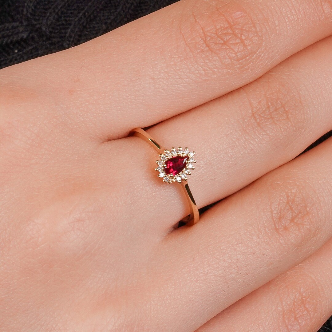 14K Solid Gold Diamond Pear Cut Ruby Solitaire Ring Ruby - Etsy