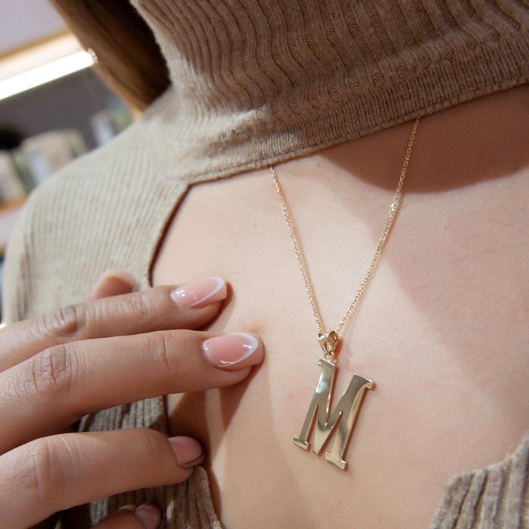14K Gold Initial Necklace: Personalized Letter M Pendant - Etsy