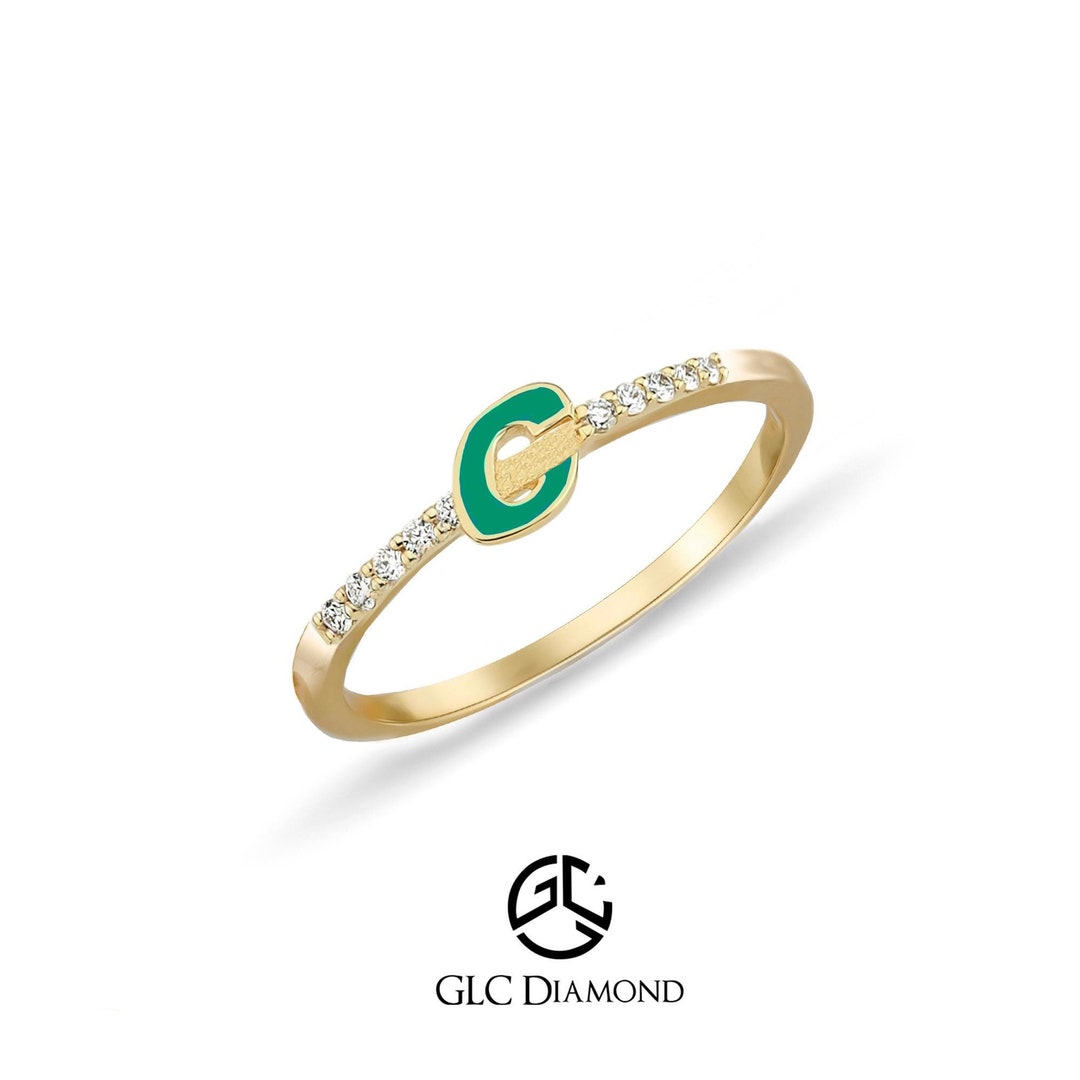 Initial Ring, Emerald Green Enamel Letter C Ring, 14k Gold Diamond Ring ...