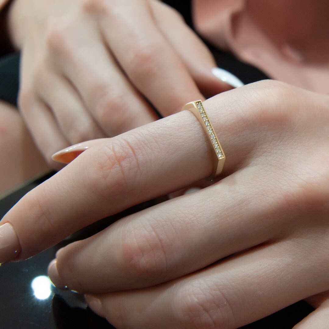 14K Gold Bar Diamond Ring, Minimalist Fine Jewelry - Etsy