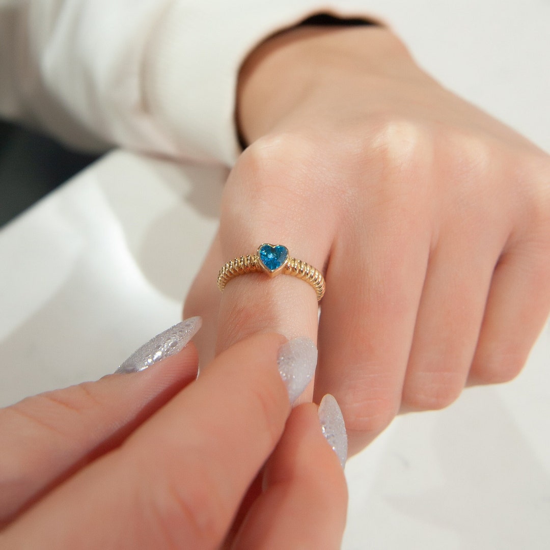 14K Gold Blue Heart Ring, Dainty Gold Heart Ring With Blue Gemstone ...