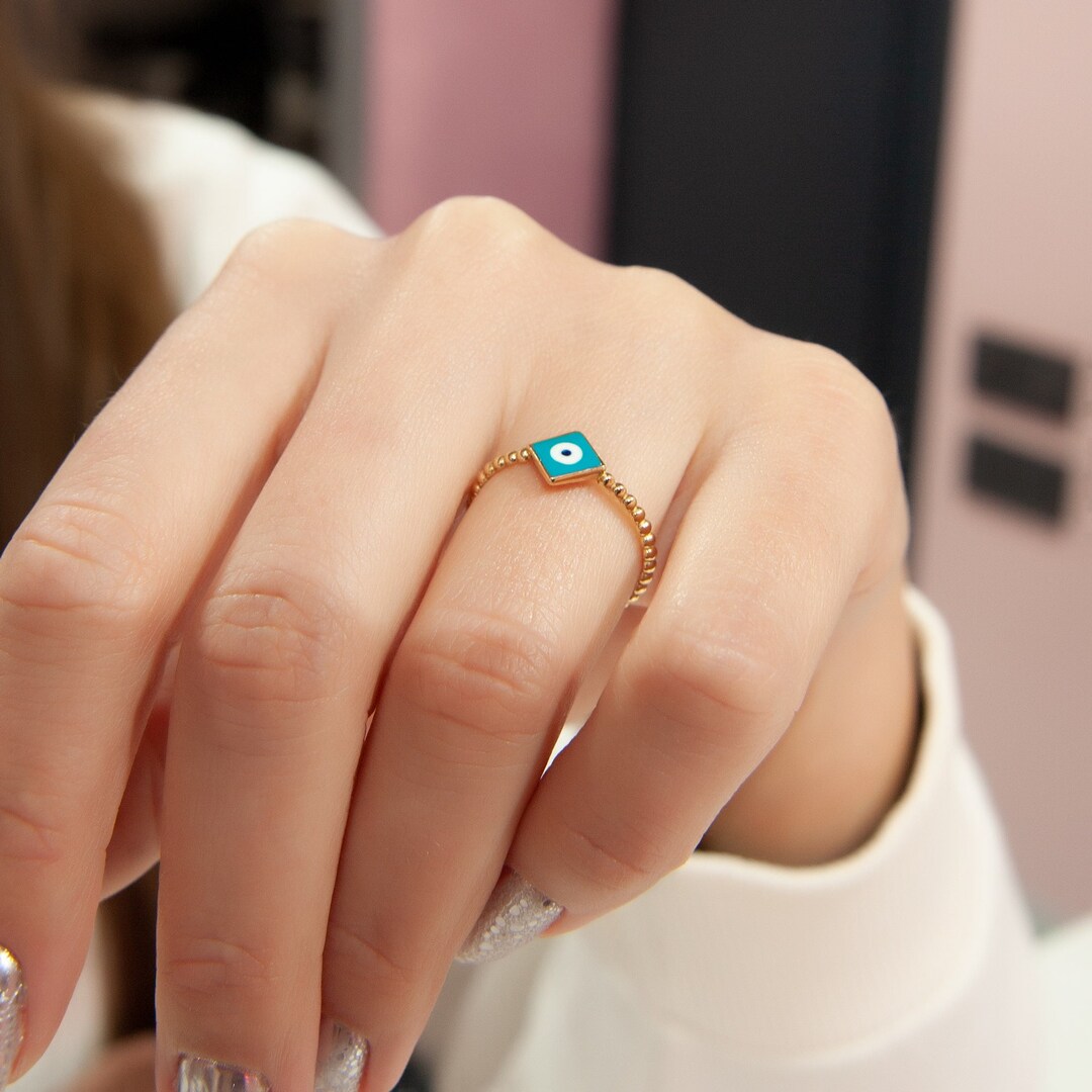 14K Solid Gold Evil Eye Ring, Positive Energy Ring, Gold Ring ...
