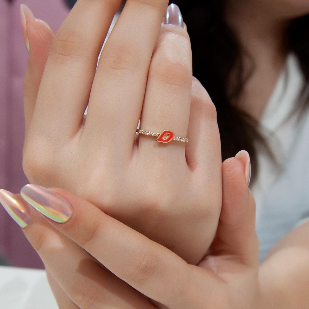 Red Enamel Initial D Ring, 14K Gold Diamond Ring, Personalized Initial Ring, Elegant Gold ...