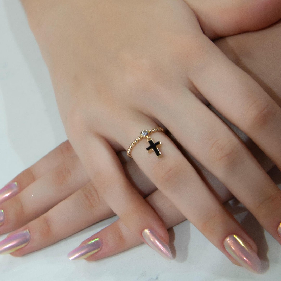 Cross Diamond Ring, 14K Gold Black Cross Charm Ring, Religious Diamond ...