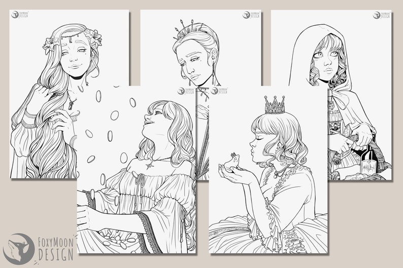 Fairytale Princesses Set B 5 Coloring Pages Premium Line - Etsy