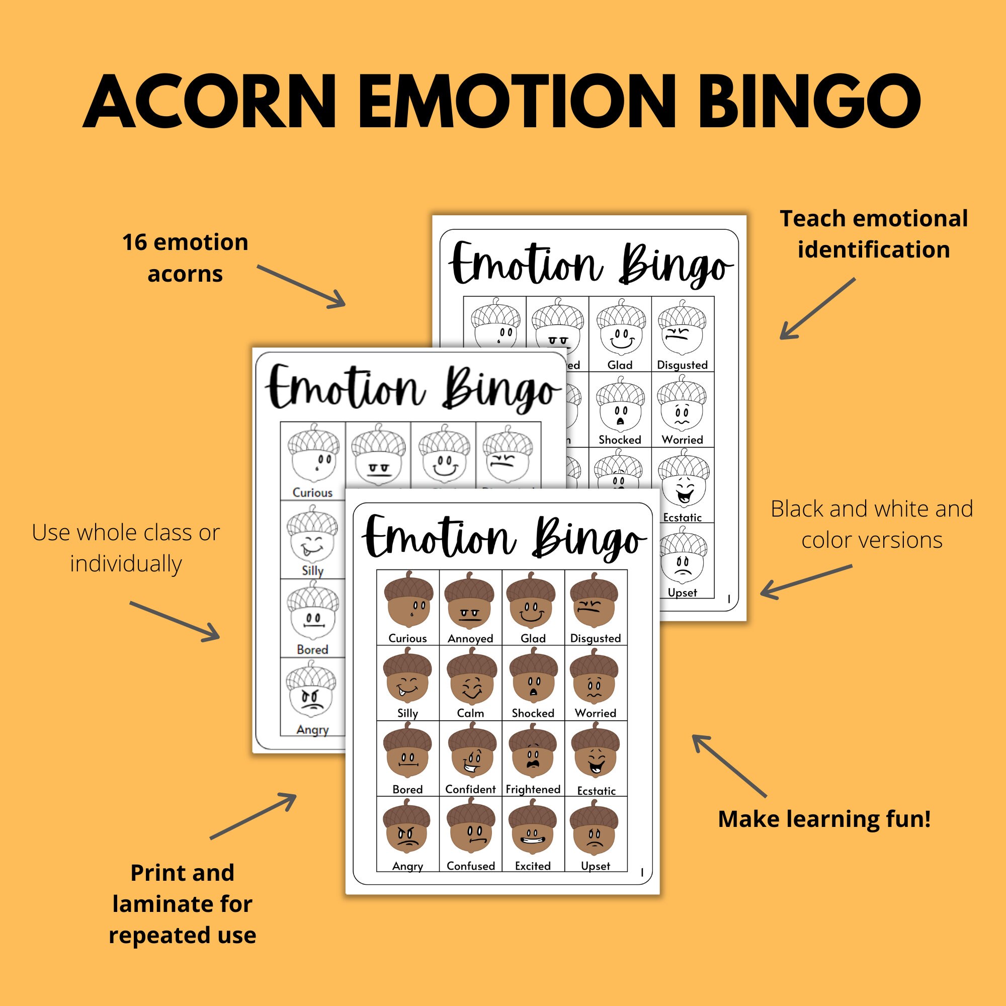 Acorn Emotion Bingo, Feeling Bingo, Social Emotional Game, Bingo Game ...