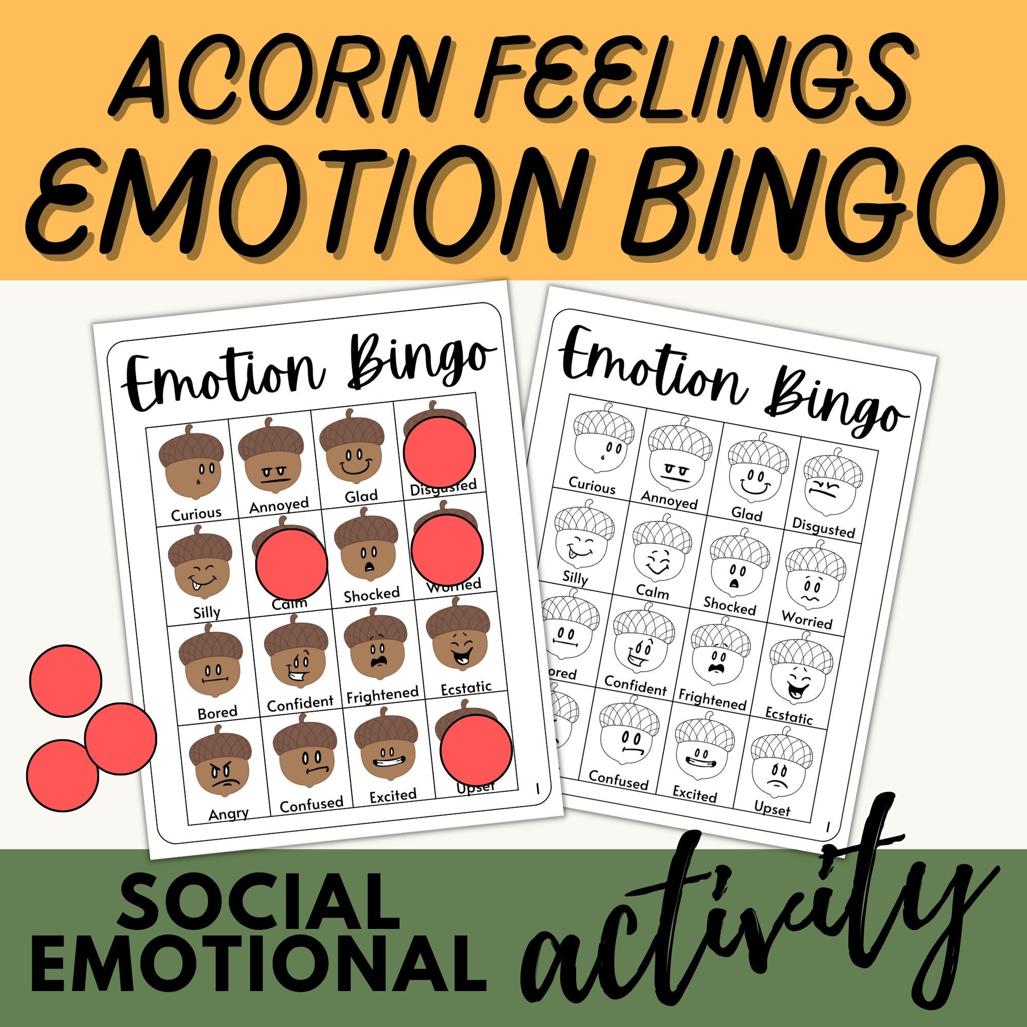 Acorn Emotion Bingo, Feeling Bingo, Social Emotional Game, Bingo Game ...