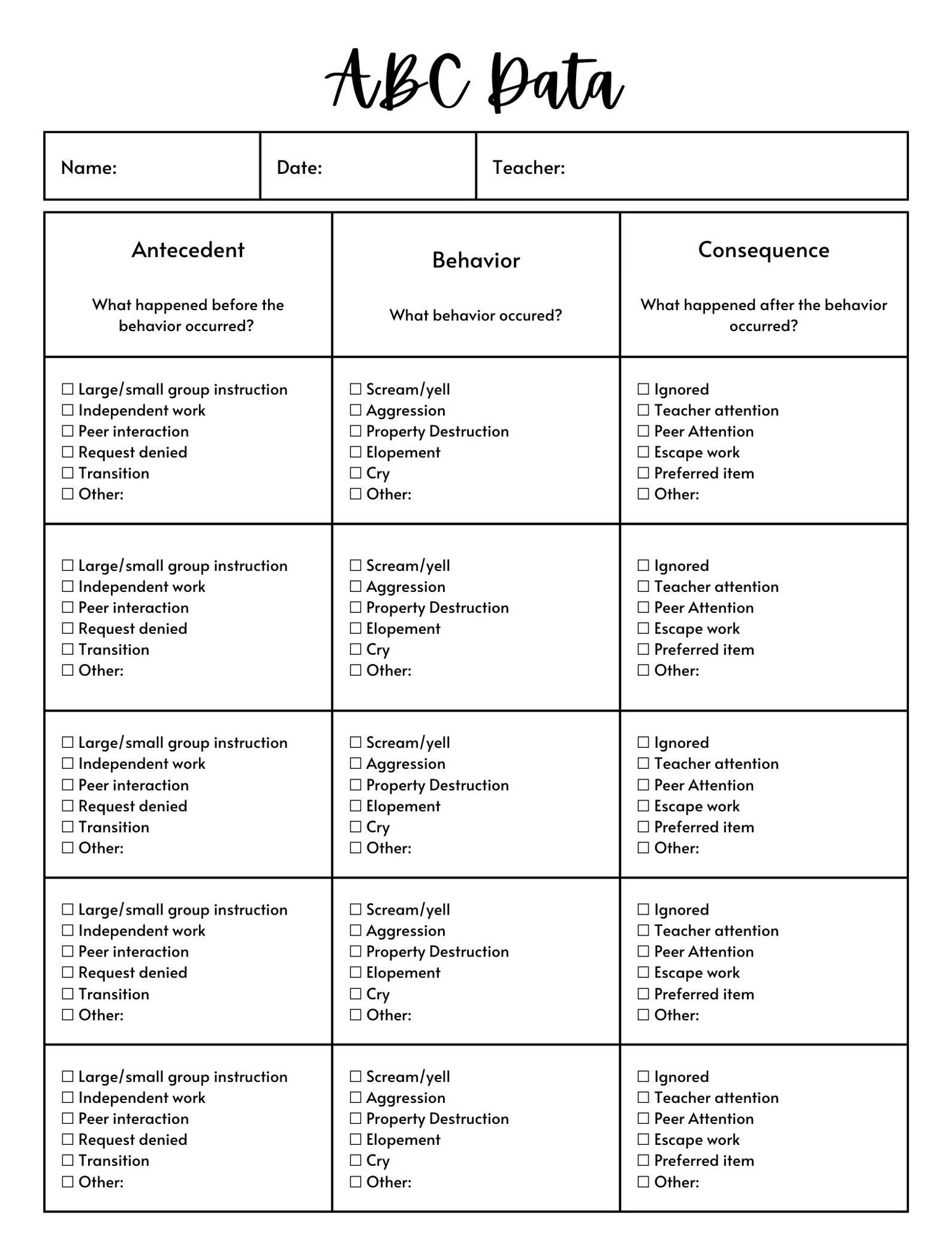 Behavior Data Sheets Data Collection System Data Collection - Etsy