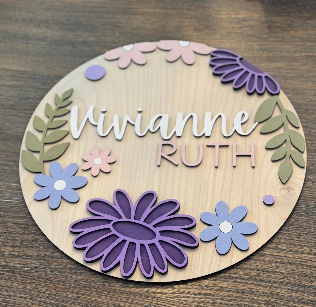 Floral Name Sign | Door Sign | Round Sign | Baby Nursery Sign | Wooden ...