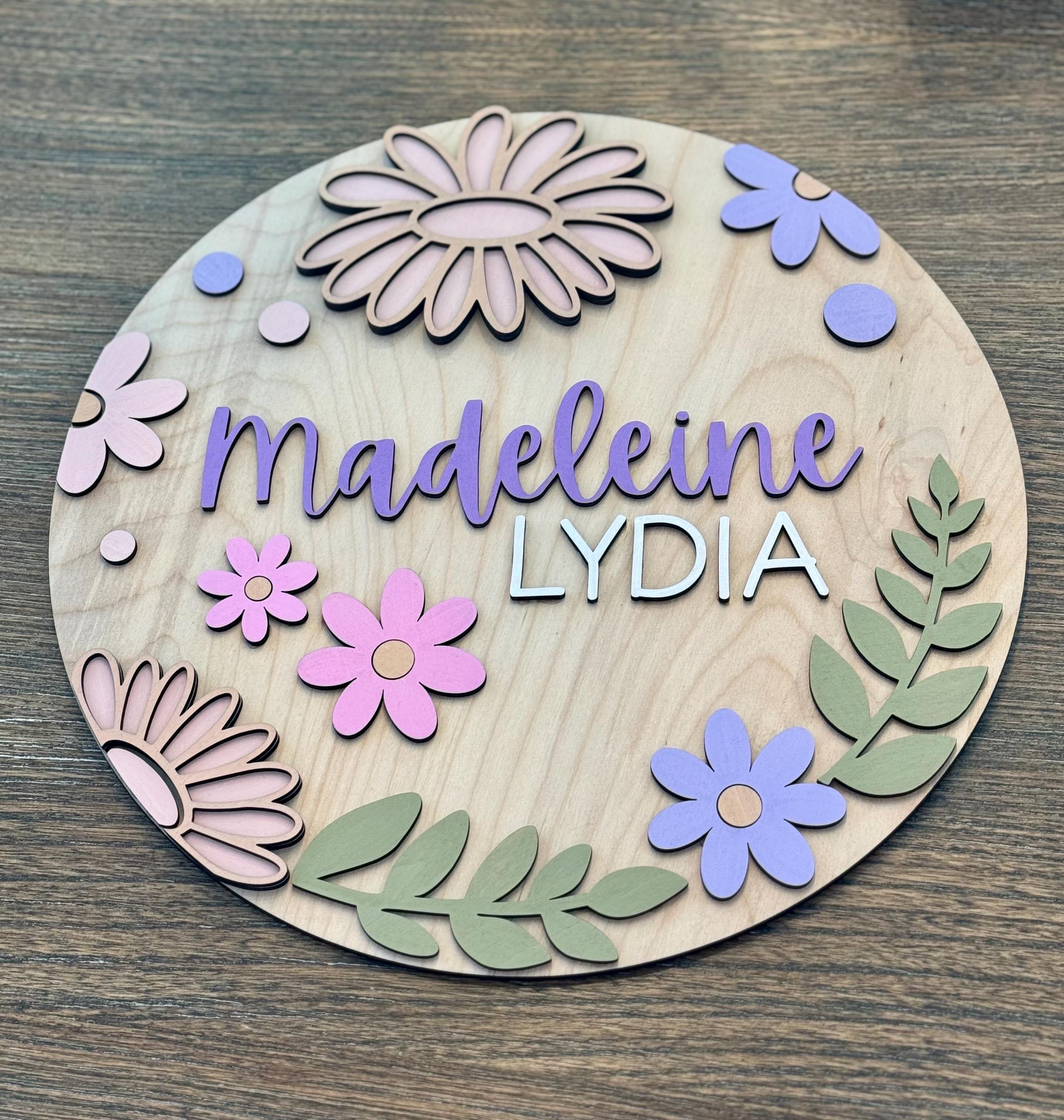 Floral Name Sign | Door Sign | Round Sign | Baby Nursery Sign | Wooden ...