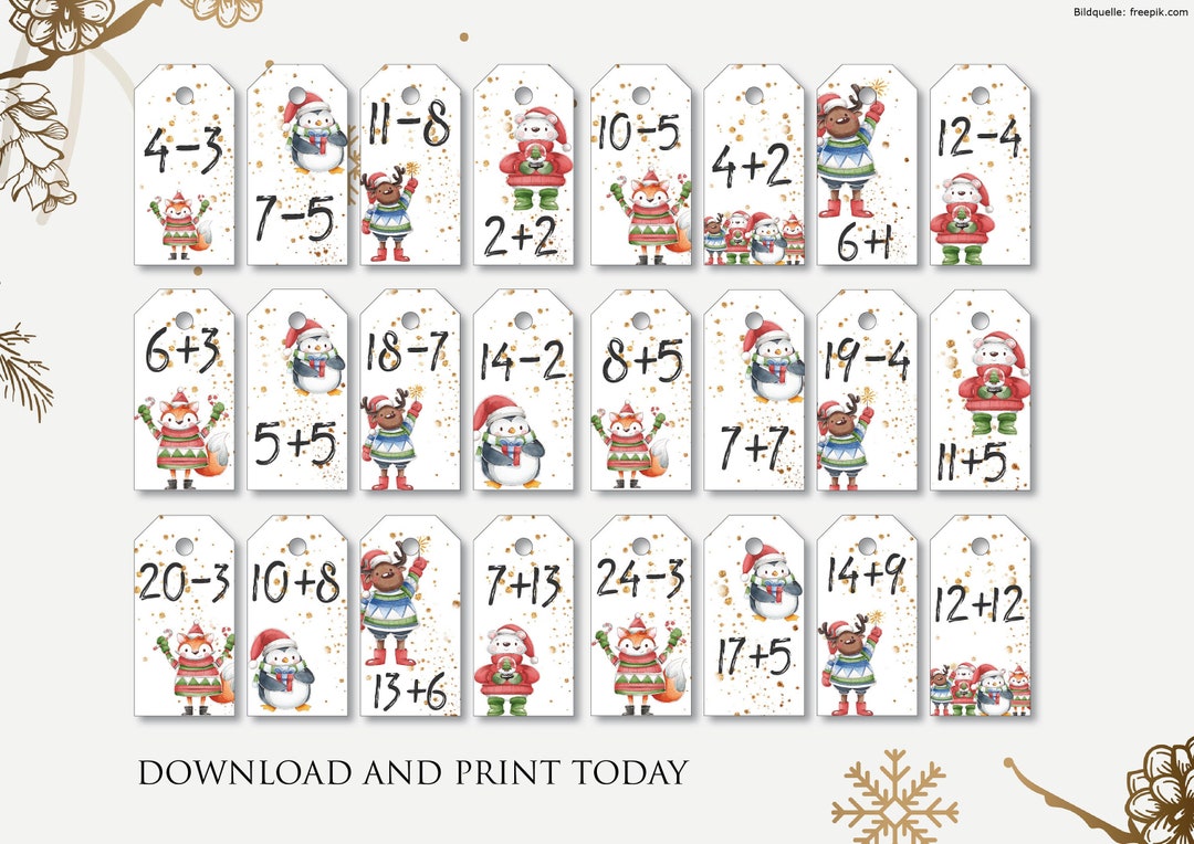 Advent Calendar Numbers for Children With Arithmetic Problem, Printable ...