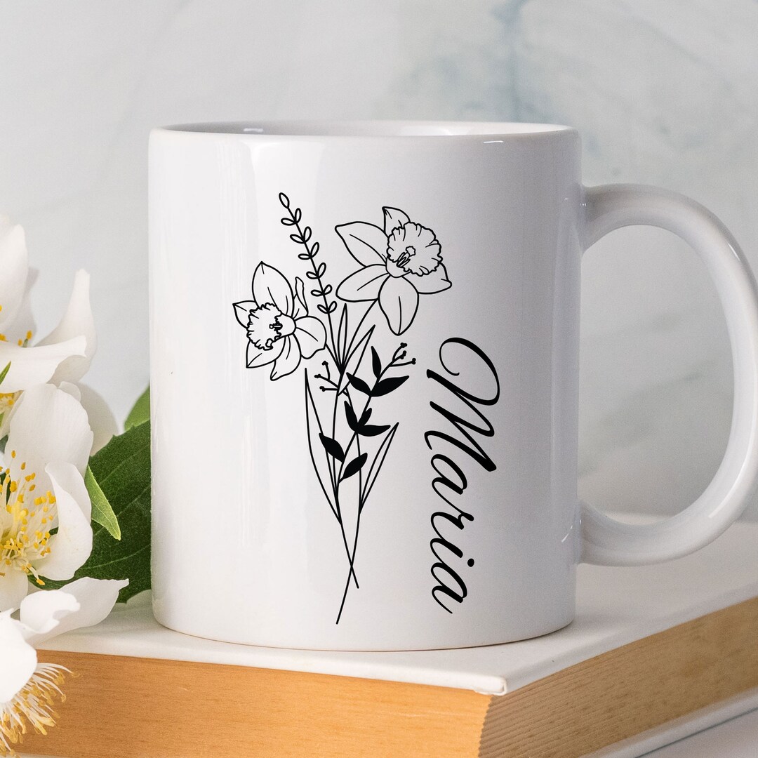 March Birth Flower Mug, Personalized Birth Flower Mug With Custom Name ...