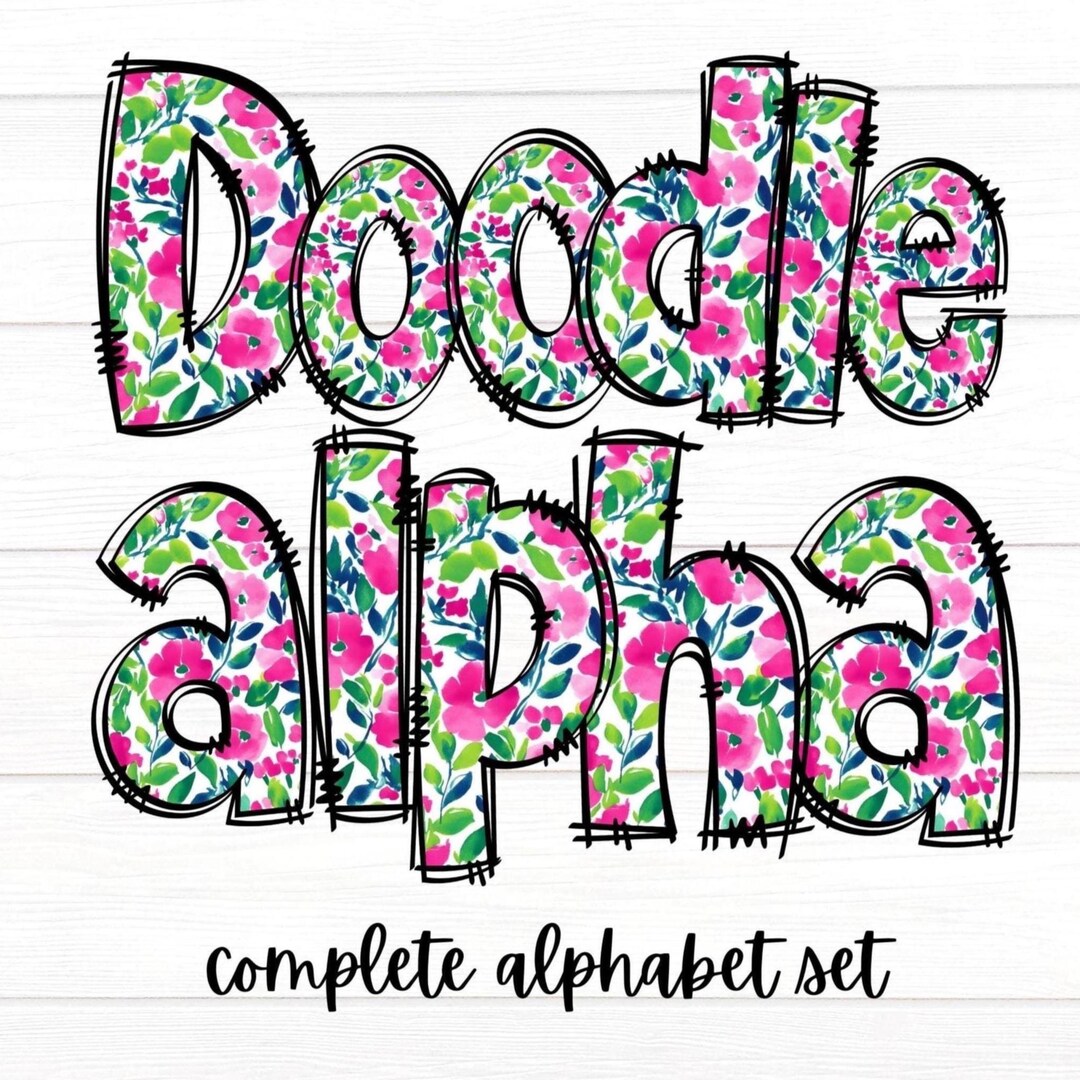 Spring Floral Doodle Letters, Pink and Green Floral Alpha Set, Alphabet ...