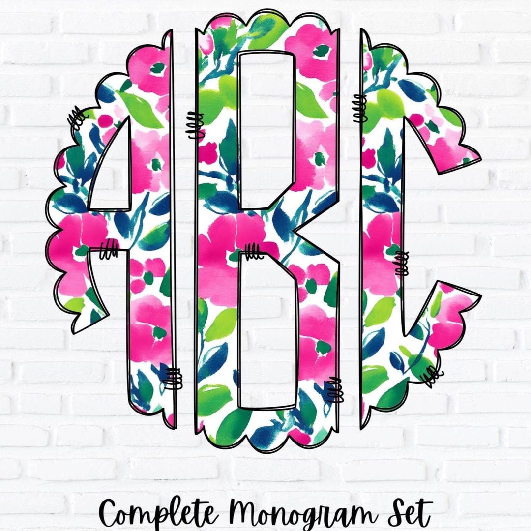 Preppy Floral Monogram PNG, Scalloped Circle Monogram Set, Sublimation ...