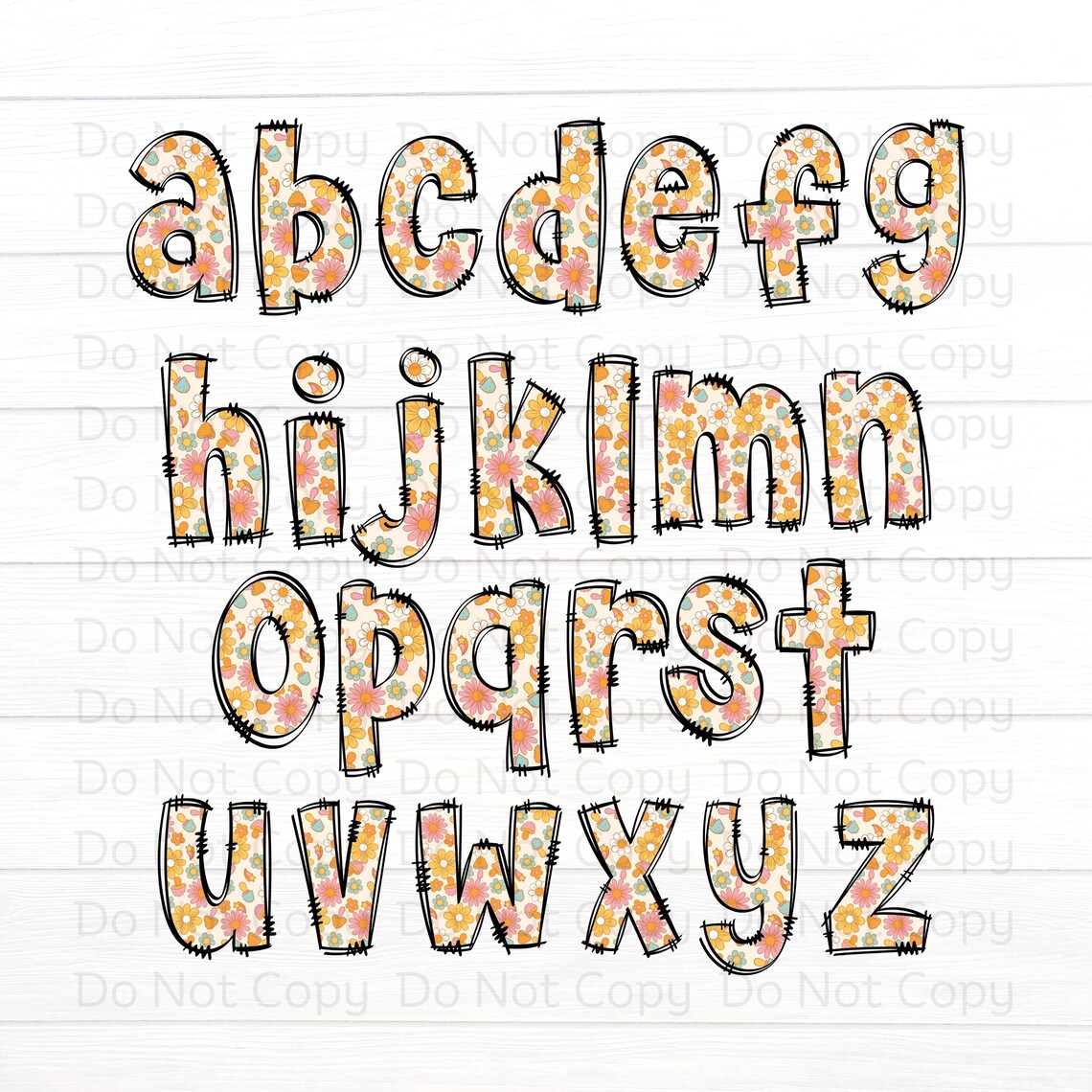Retro Floral Doodle Letters, Flowers and Mushrooms Alphabet PNG Set ...