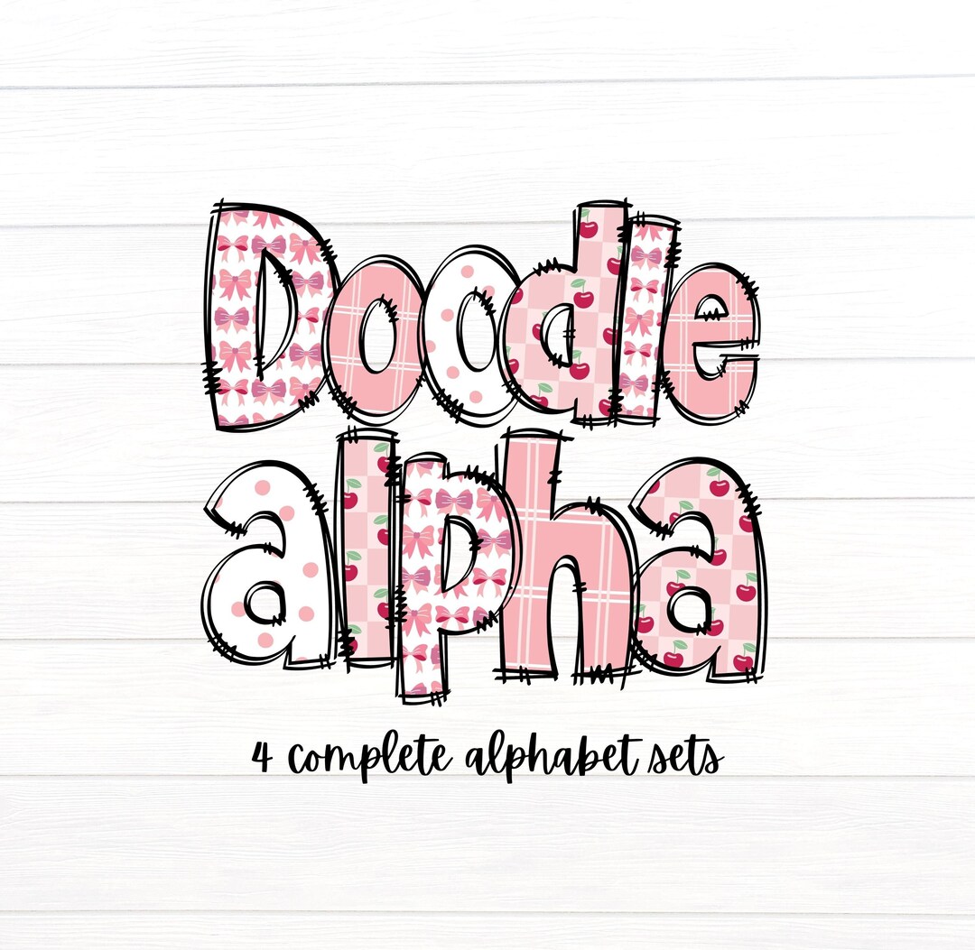 Coquette Doodle Letters, Pink Bows Alpha Set, Girlie Alphabet PNG Set ...