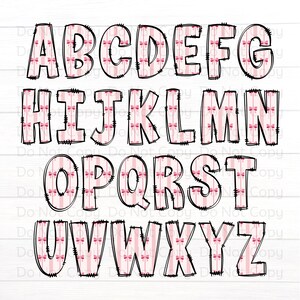 Coquette Doodle Letters, Pink Bows Alpha Set, Girlie Alphabet PNG Set ...