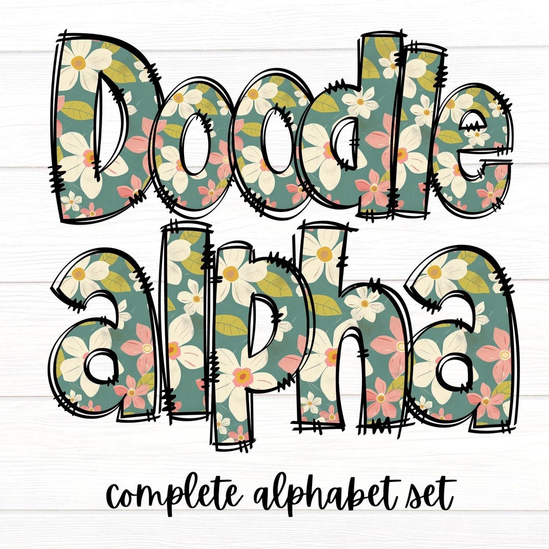 Floral Doodle Letters, Retro Flowers Alpha Set, Alphabet PNG Set ...