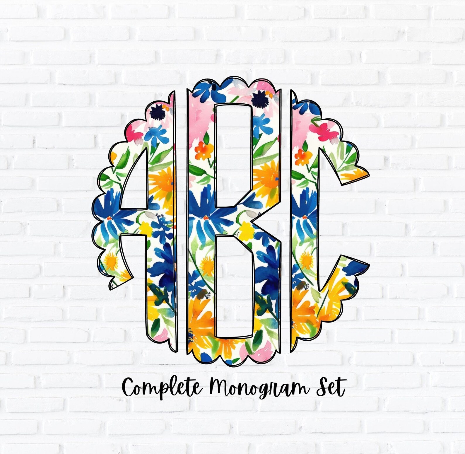 Floral Monogram PNG Set, Scalloped Circle Monogram, Sublimation Design ...