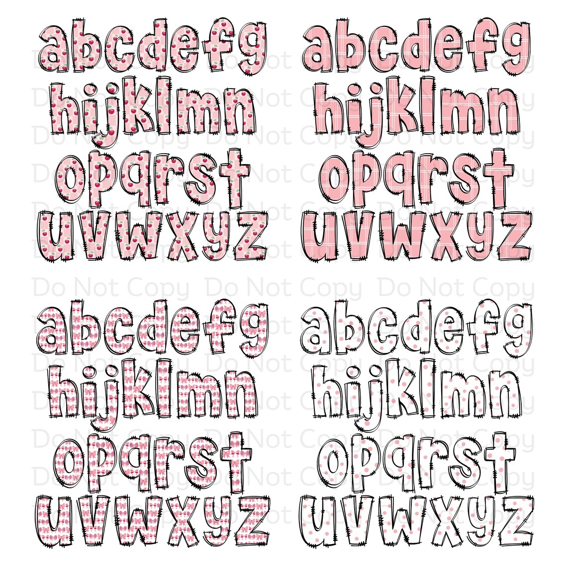 Coquette Doodle Letters, Pink Bows Alpha Set, Girlie Alphabet PNG Set ...