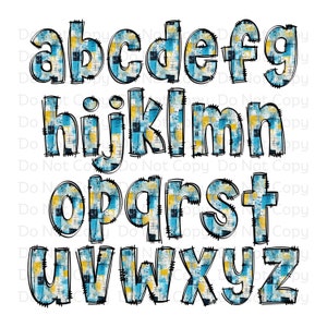 Blue and Yellow Doodle Letters, Blue Abstract Design Alpha Set ...