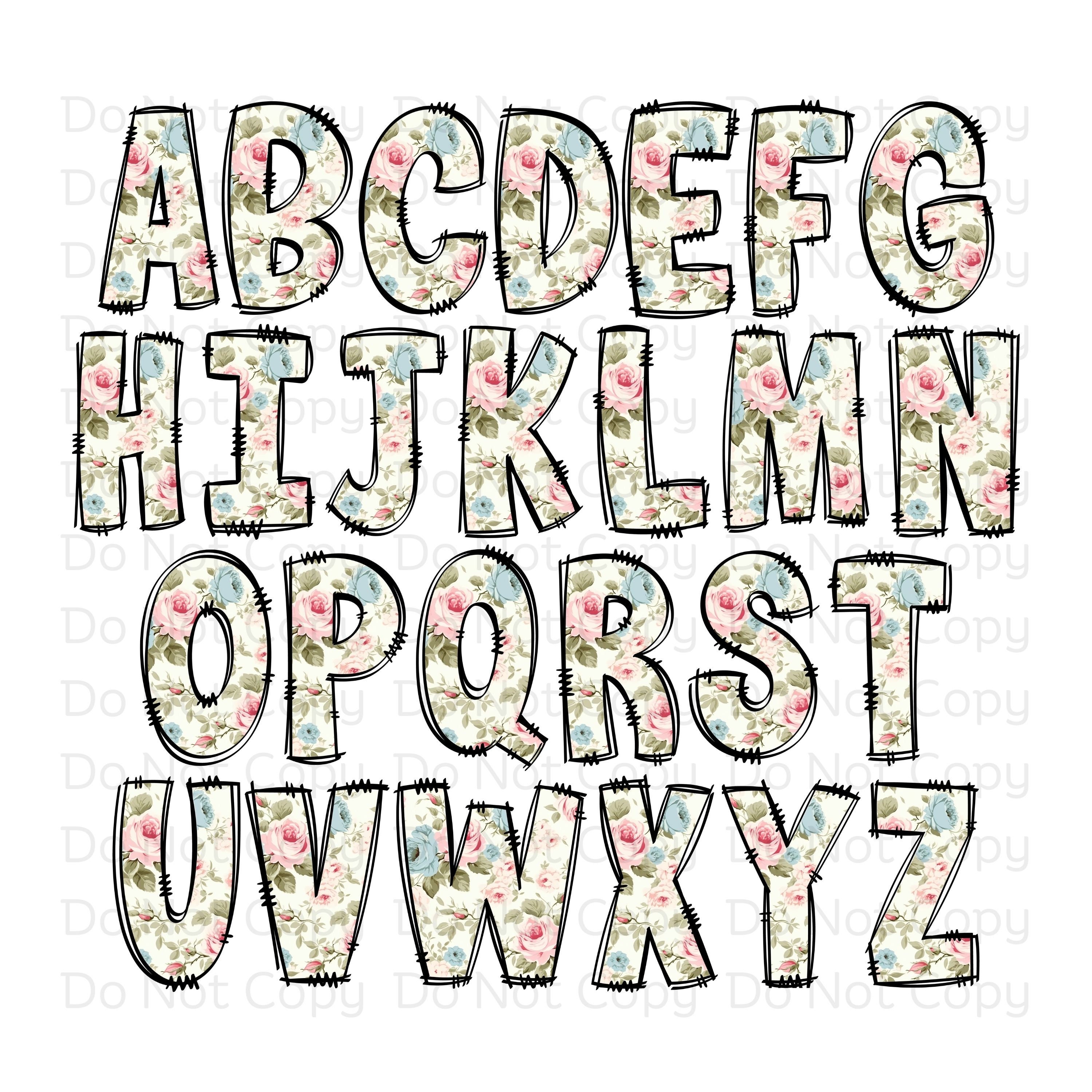 Doodle Letters, Shabby Chic Roses Alphabet Set, Floral Alphabet PNG Set ...
