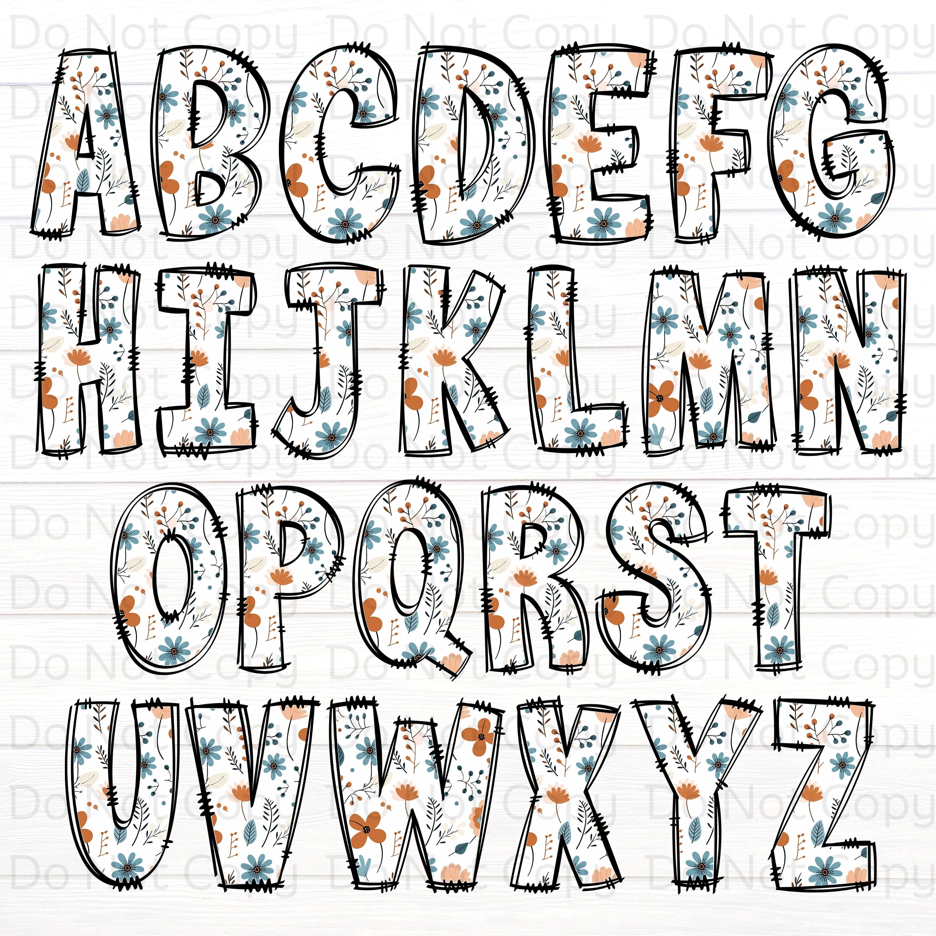 Doodle Letters, Boho Wildflowers Alphabet Set, Alphabet PNG Set ...