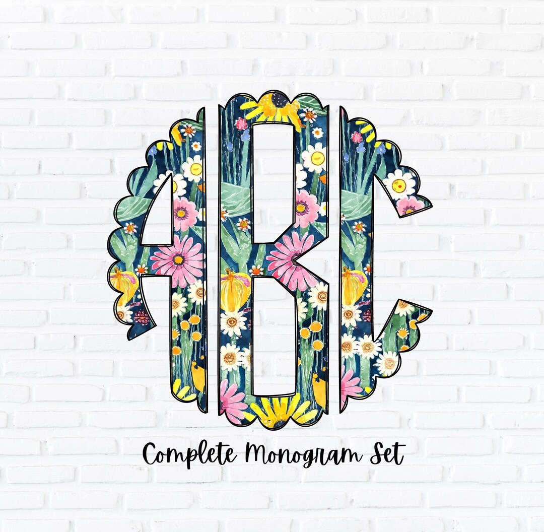 Floral Monogram PNG Set, Scalloped Circle Monogram, Sublimation Design ...