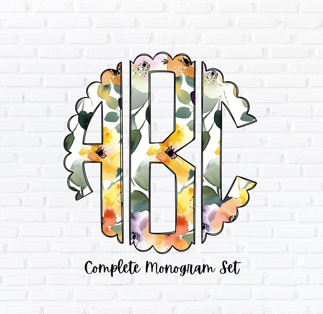 Floral Monogram PNG Set, Scalloped Circle Monogram, Sublimation Design ...