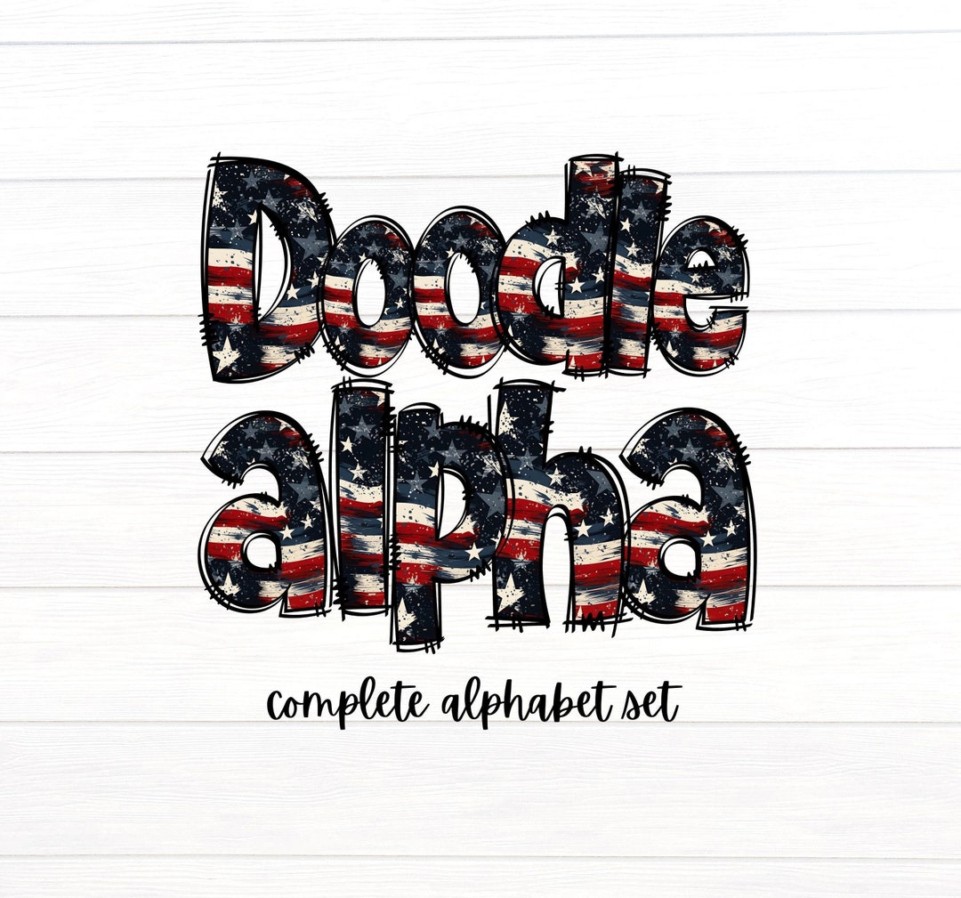 American Flag Doodle Letters, Complete Alphabet PNG Set, Sublimation ...
