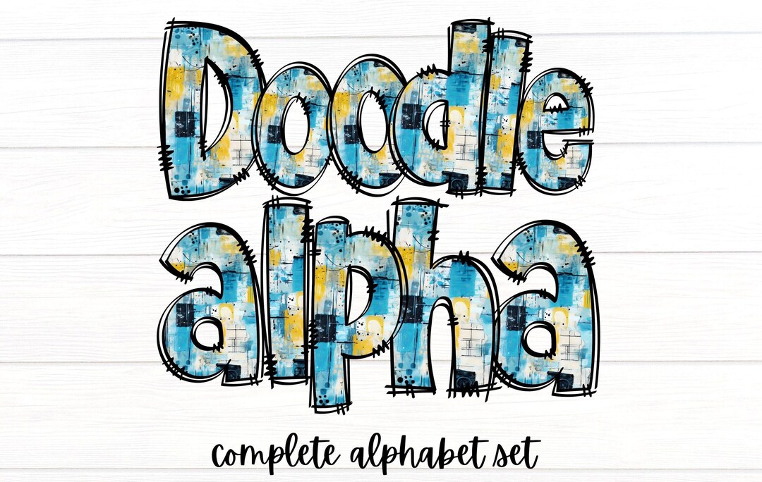 Blue and Yellow Doodle Letters, Blue Abstract Design Alpha Set ...
