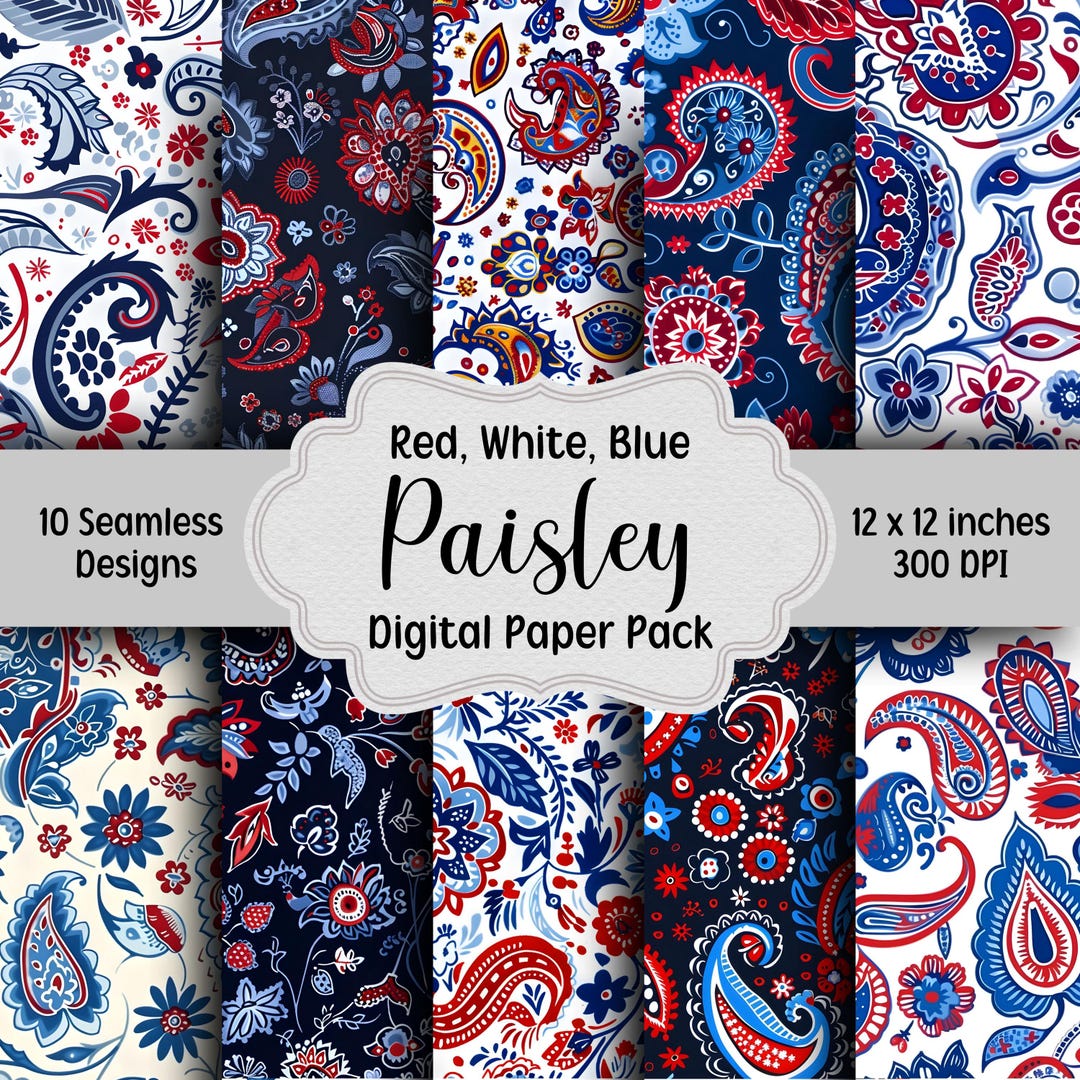 Paisley Digital Paper Bundle, Red White Blue Paisley, 10 Seamless ...