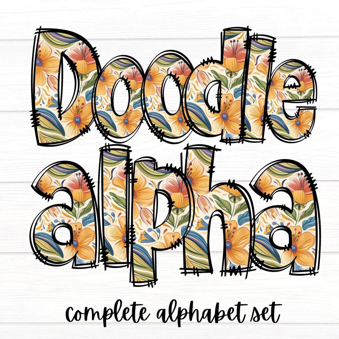 Floral Doodle Letters, Retro Flowers Alpha Set, Alphabet PNG Set ...