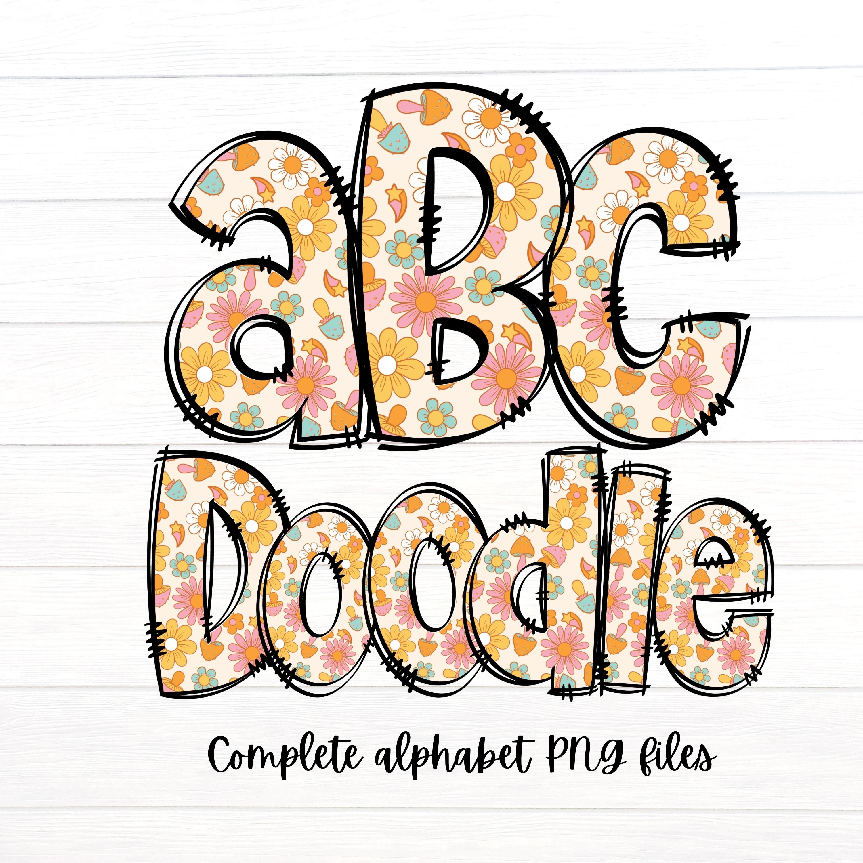 Retro Floral Doodle Letters, Flowers and Mushrooms Alphabet PNG Set ...
