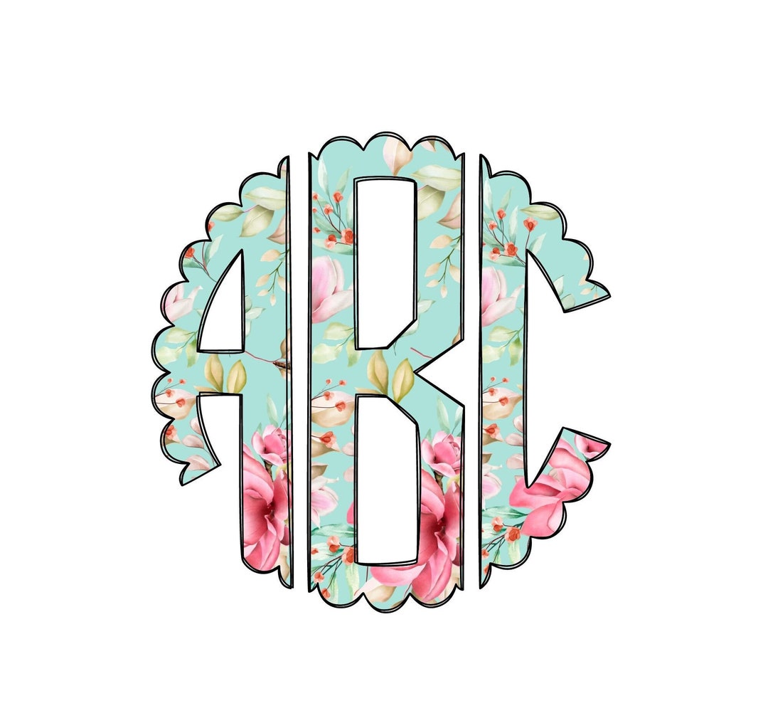 Pink and Green Floral Monogram PNG, Scalloped Circle Monogram Set ...