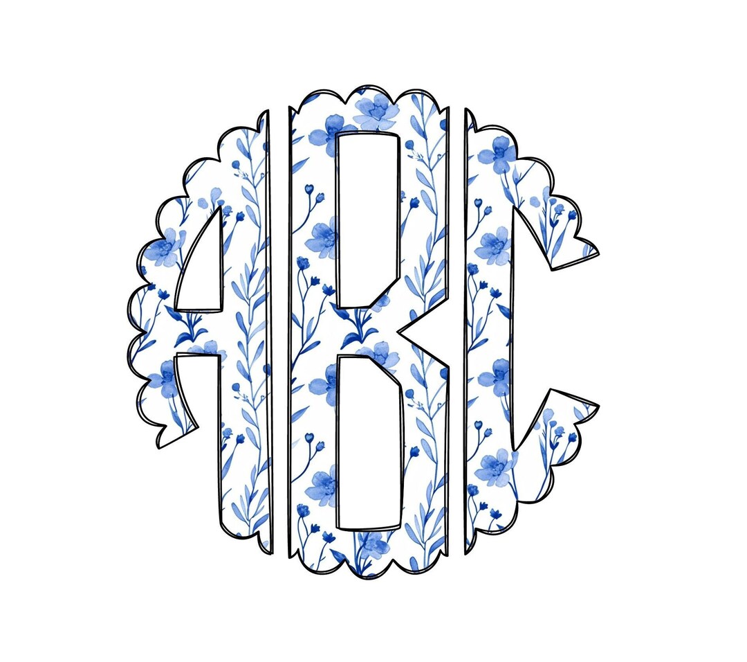 Blue and White Floral Monogram PNG, Scalloped Circle Monogram Set ...