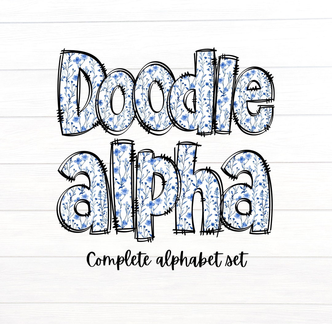 Floral Doodle Letters, Blue and White Flowers Alpha Set, Alphabet PNG ...