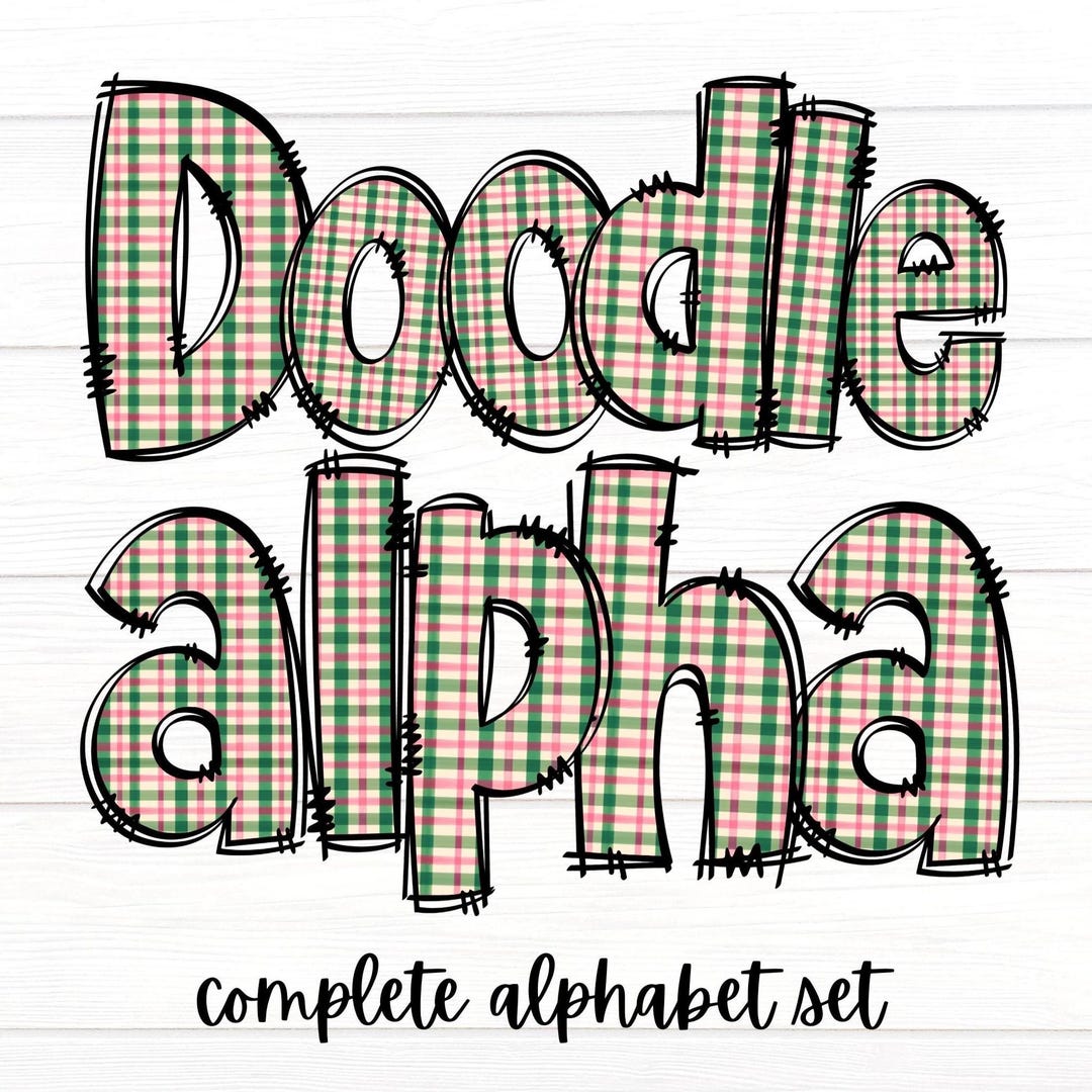 Pink and Green Plaid Doodle Letters, Plaid Alpha Set, Alphabet PNG Set ...