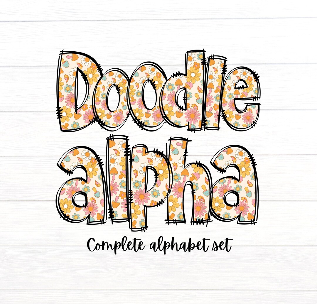 Retro Floral Doodle Letters, Flowers and Mushrooms Alphabet PNG Set ...
